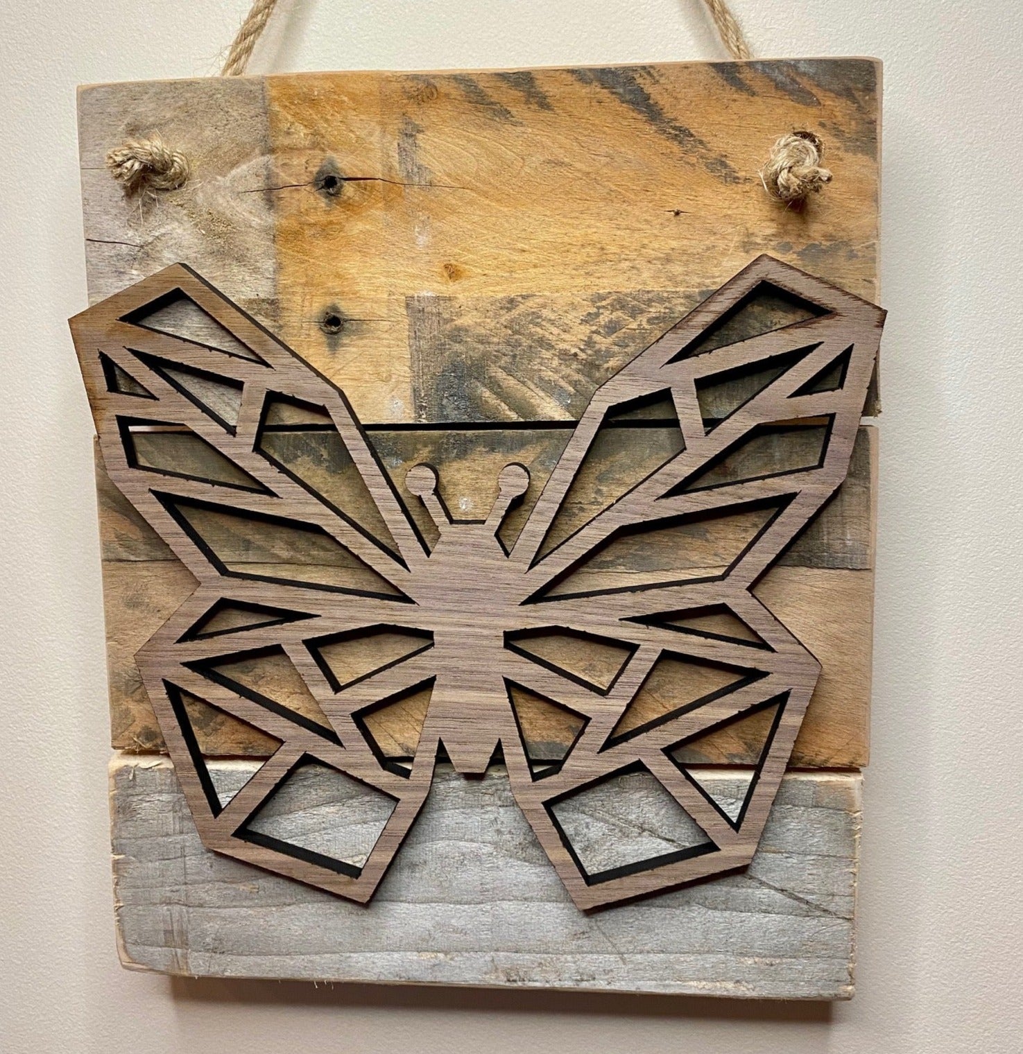 Rustic geometric butterfly board – Etched on The Wolds